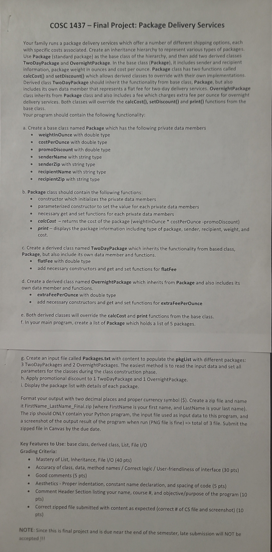 COSC 1437 - ﻿Final Project: Package Delivery | Chegg.com