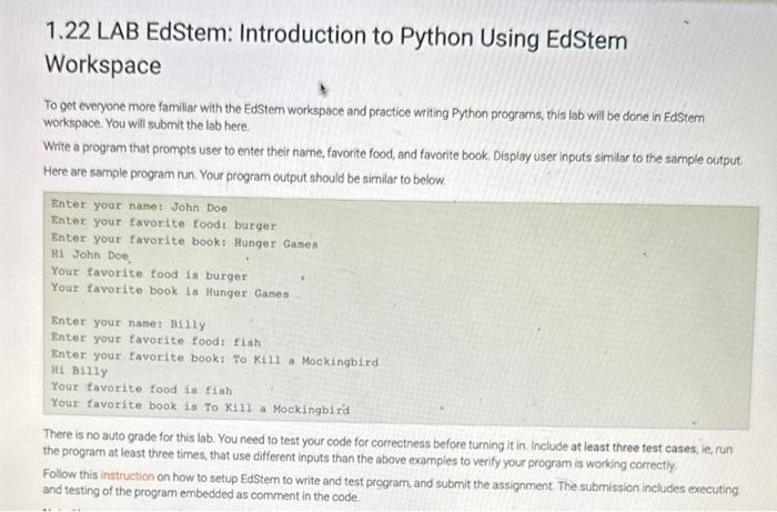 Solved 122 Lab Edstem Introduction To Python Using Edstem