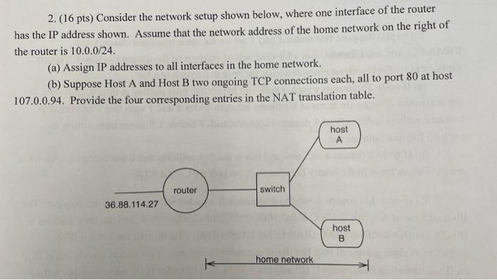 Solved 2. (16 pts) Consider the network setup shown below, | Chegg.com