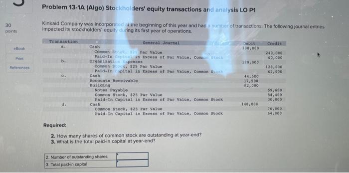 Solved Problem 13-1A (Algo) Stockholders' equity | Chegg.com