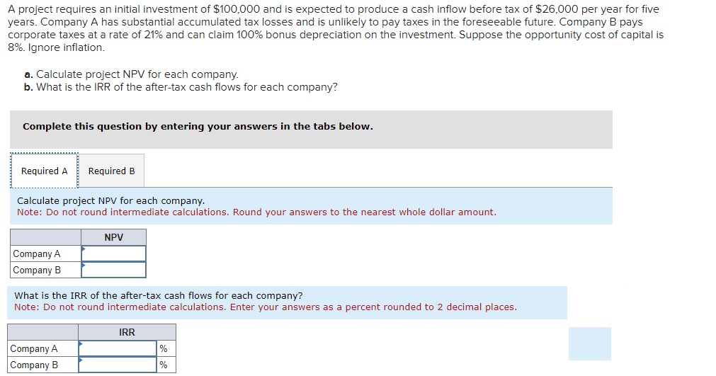 Solved A project requires an initial investment of $100,000 | Chegg.com