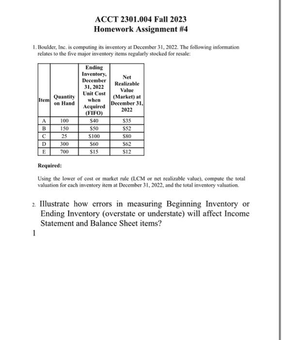 Solved ACCT 2301.004 Fall 2023 Homework Assignment \#4 1. | Chegg.com