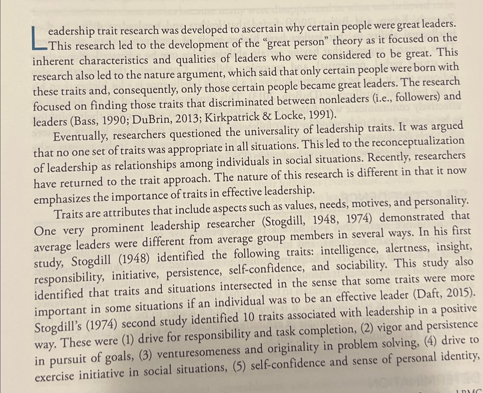 Solved eadership trait research was developed to ascertain | Chegg.com