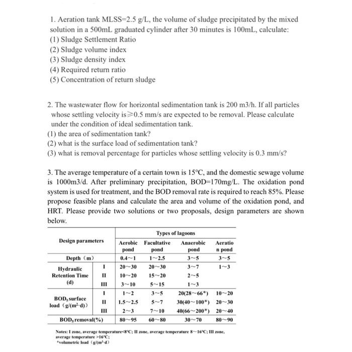 Solved 1. Aeration tank MLSS=2.5 g/L, the volume of sludge | Chegg.com