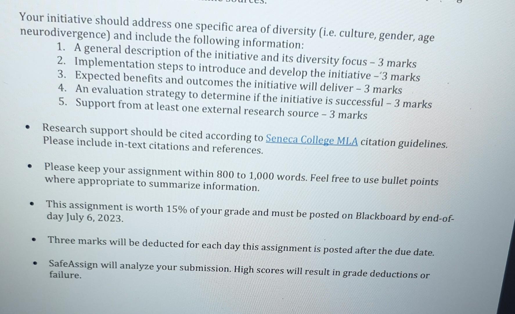 Assignments Assignment 1: Diversity in the Workplace | Chegg.com