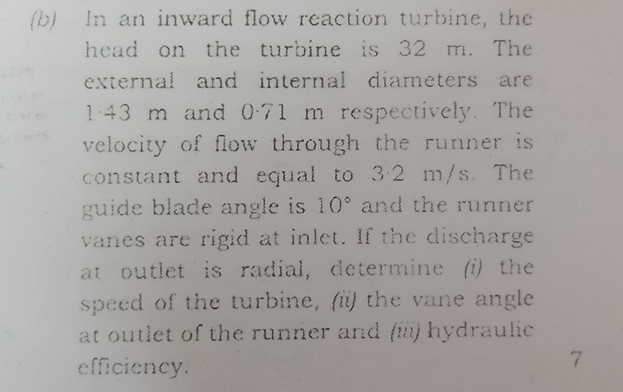 Solved (b) ﻿In an inward flow reaction turbine, the head on | Chegg.com