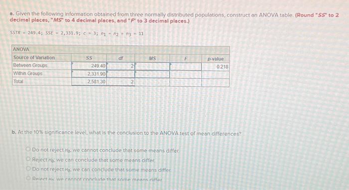 Solved a. Given the following information obtained from | Chegg.com