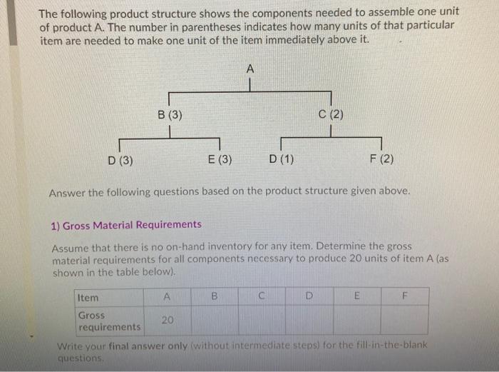 Solved The following product structure shows the components | Chegg.com