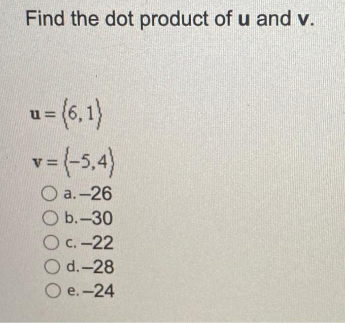 Solved Find the dot product of u and v. u= (6,1) v = (-5,4) | Chegg.com