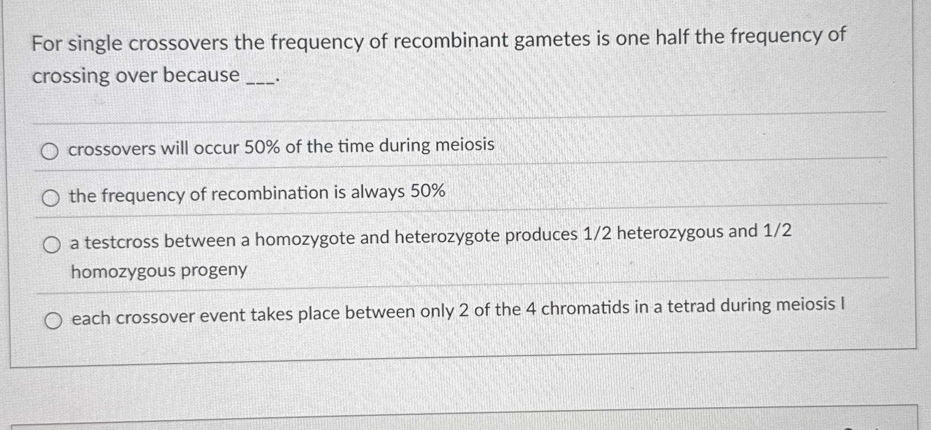 Solved For single crossovers the frequency of recombinant | Chegg.com