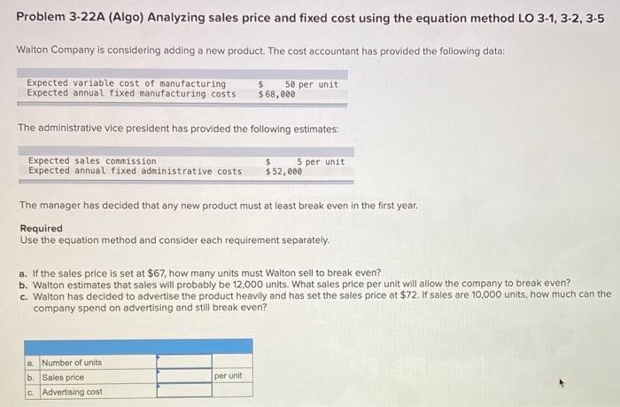Solved Problem 3-22A (Algo) Analyzing sales price and fixed | Chegg.com