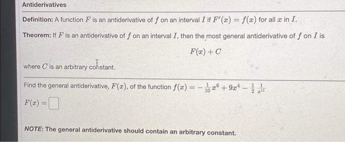 Solved Antiderivatives Definition: A function F is an | Chegg.com