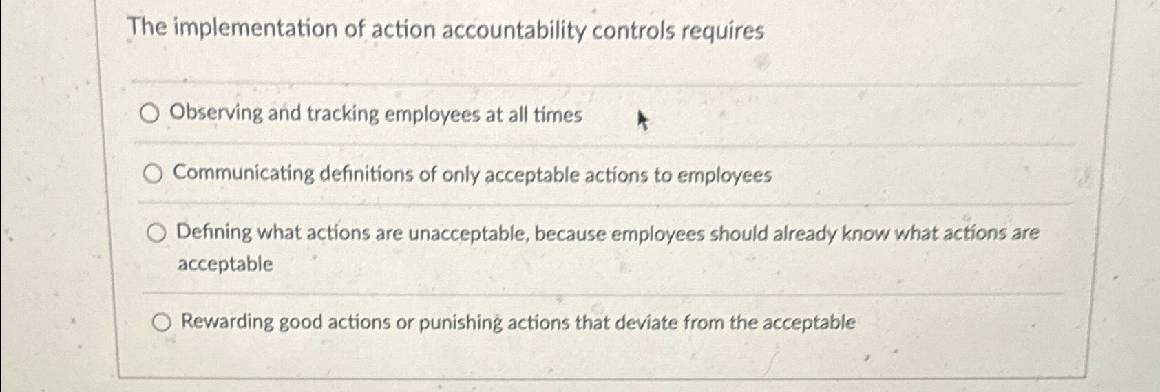 Solved The implementation of action accountability controls | Chegg.com