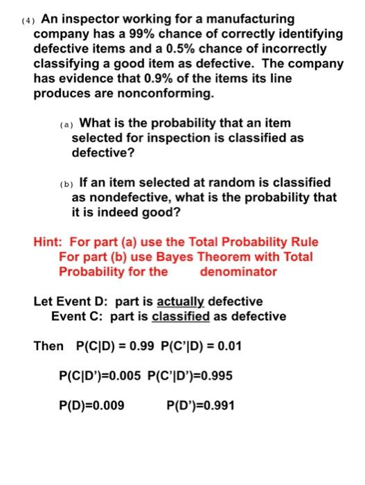 Solved 4 An Inspector Working For A Manufacturing Company