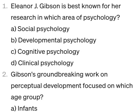 Solved Eleanor J. ﻿Gibson is best known for her research in | Chegg.com