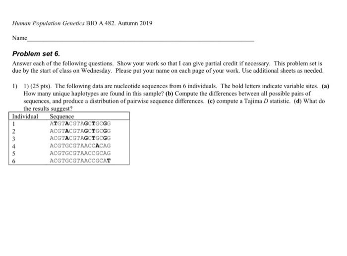 Human Population Genetics BIO A 482. Autumn 2019 Name | Chegg.com