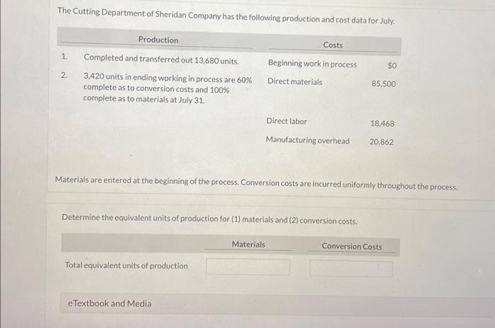 Solved The Cutting Department of Sheridan Company has the | Chegg.com