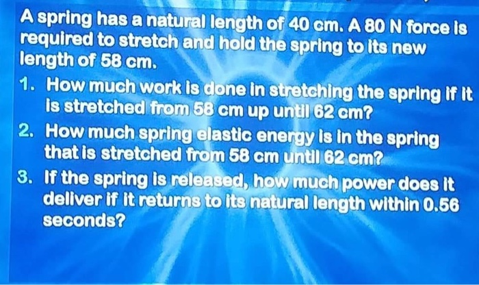 Solved A spring has a natural length of 40 cm. A 80 N force | Chegg.com