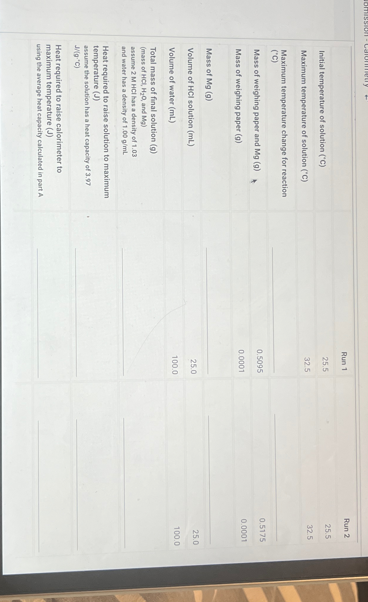 \table[[,Run 1,Run 2],[Initial temperature of | Chegg.com