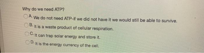 Solved Why do we need ATP? A. We do not need ATP-if we did | Chegg.com
