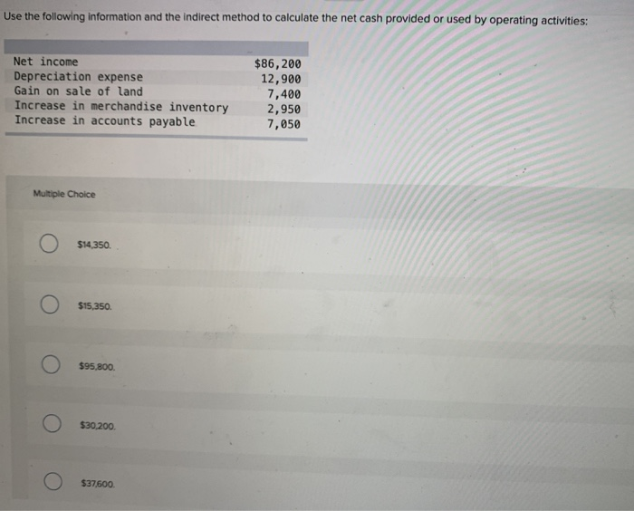 Solved Use the following information and the indirect method | Chegg.com