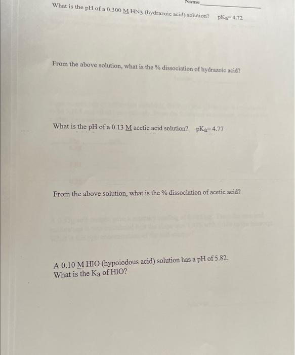 Solved What is the pH of a 0.300MHN3 (hydrazoic acid) | Chegg.com