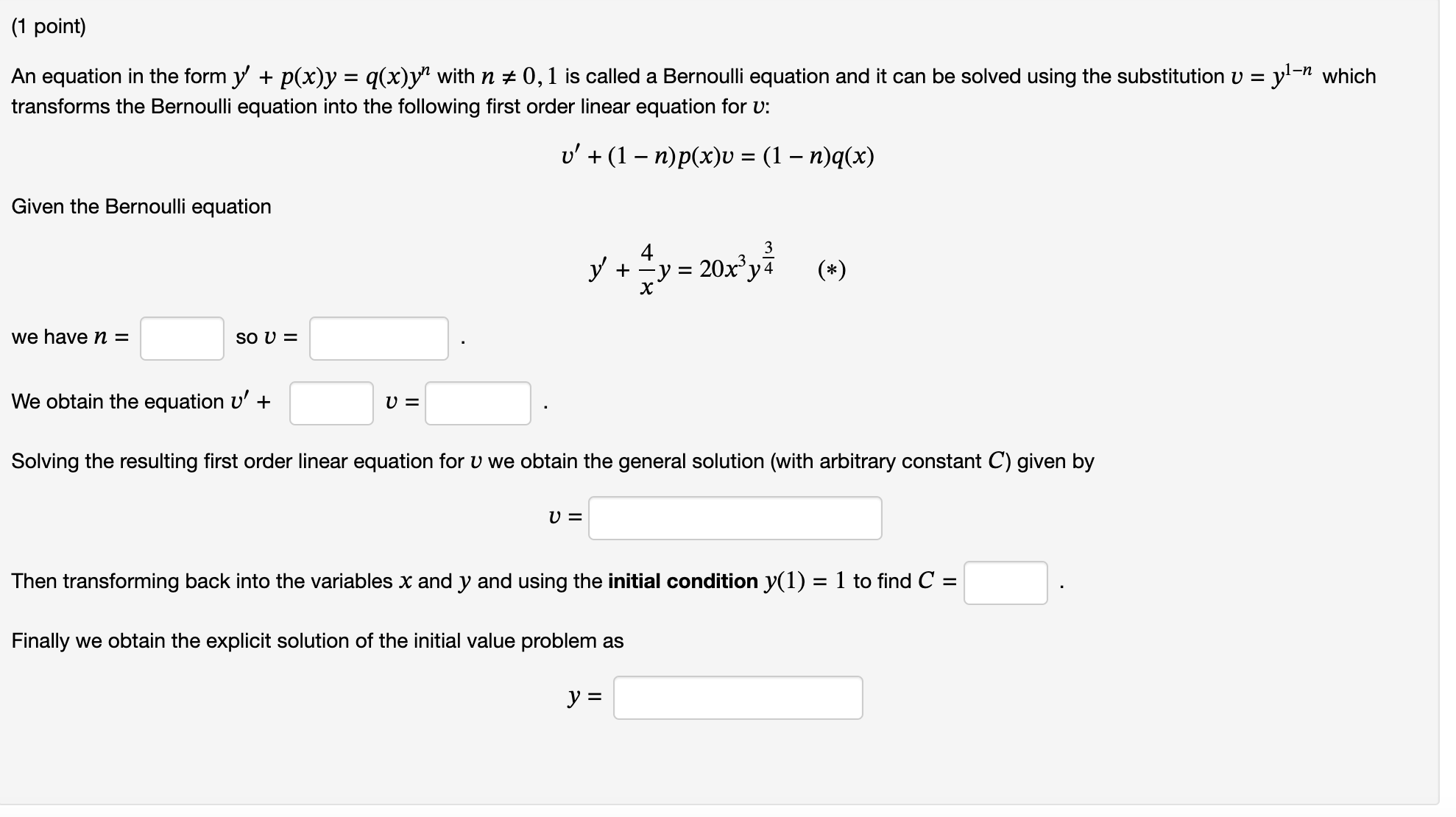 Solved (1 ﻿point)An equation in the form y'+p(x)y=q(x)yn | Chegg.com