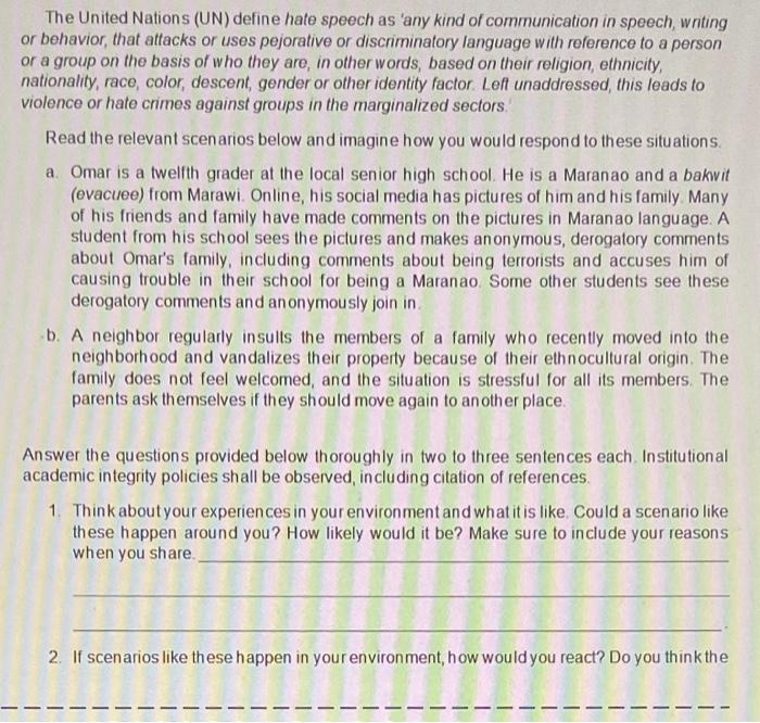 The United Nations (UN) define hate speech as 'any | Chegg.com