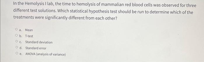 Solved In the Hemolysis I lab, the time to hemolysis of | Chegg.com