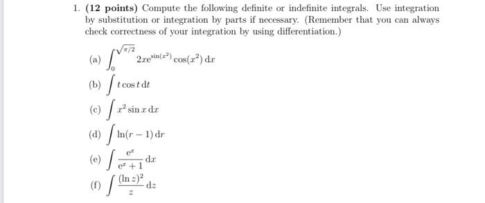 Solved 1. (12 points) Compute the following definite or | Chegg.com