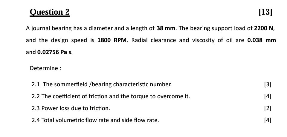 Solved Question 2[13]A journal bearing has a diameter and a | Chegg.com