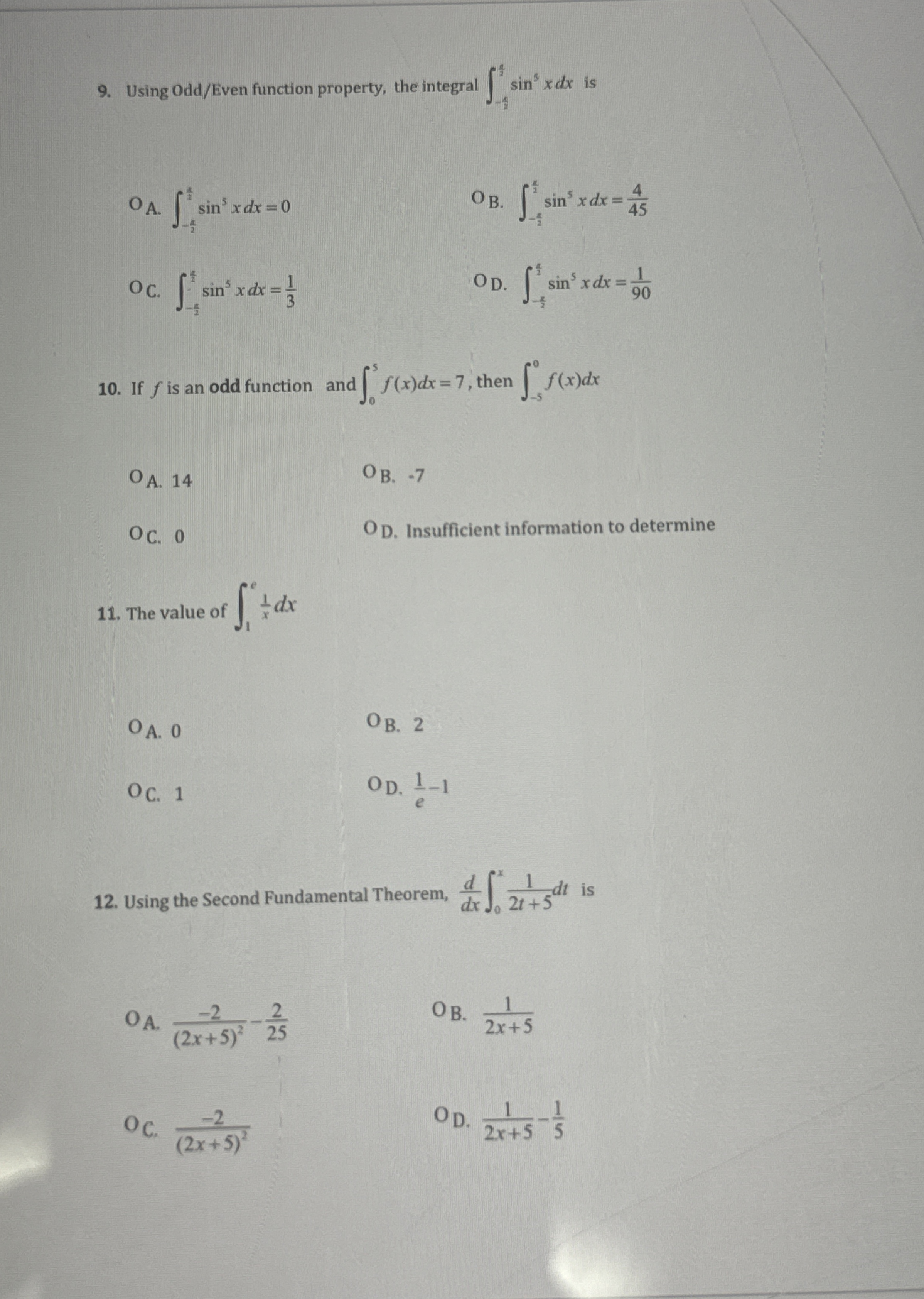 Solved Using Odd/Even function property, the integral | Chegg.com
