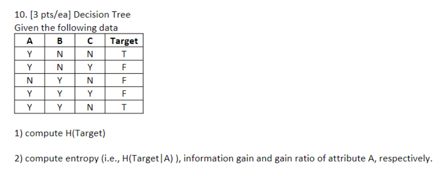 Solved 10. [3 ﻿pts/ea] ﻿Decision TreeGiven the following | Chegg.com