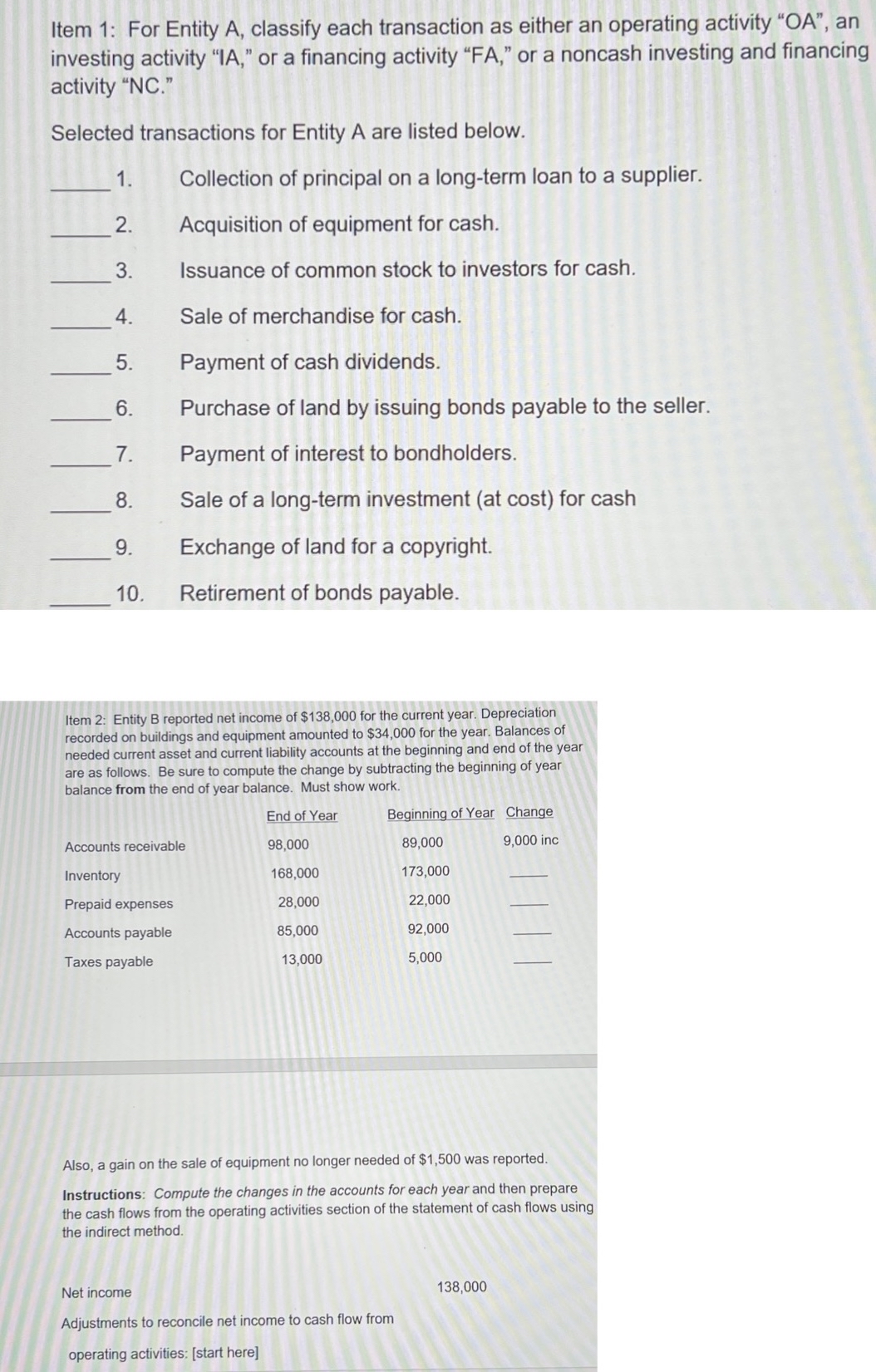 Item 1: For Entity A, ﻿classify each transaction as | Chegg.com