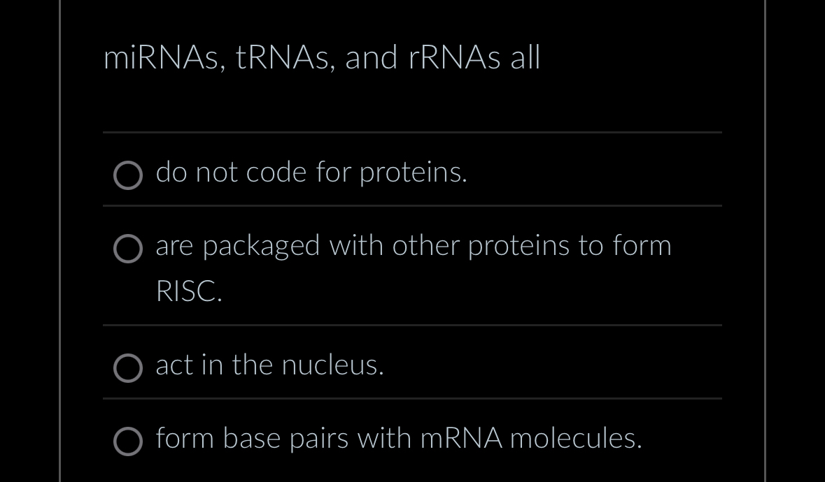 Solved miRNAs, tRNAs, and rRNAs alldo not code for | Chegg.com