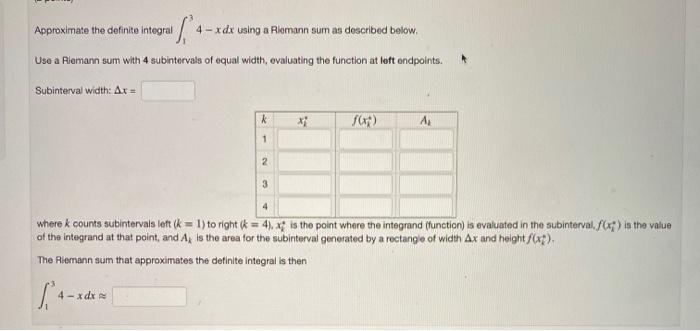 Solved Approximate the definite integral 4 - xdx using a | Chegg.com