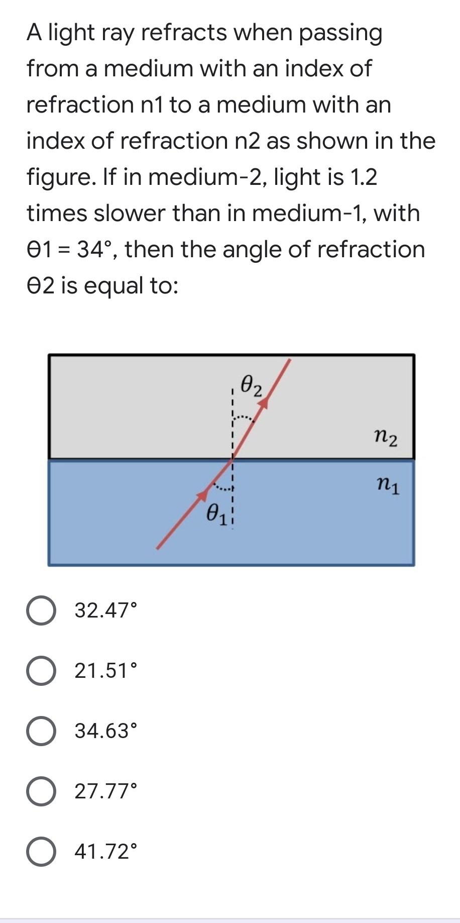 Solved A light ray refracts when passing from a medium with | Chegg.com