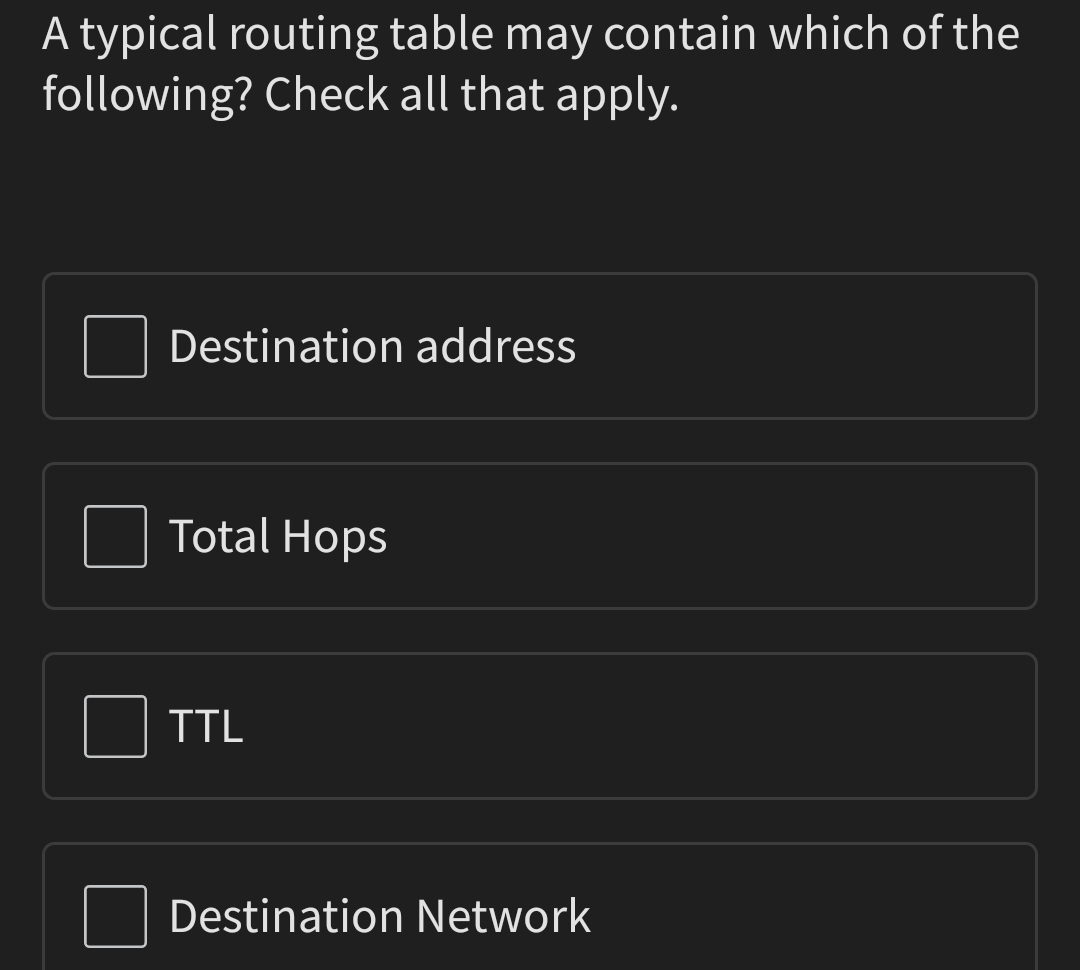 Solved A typical routing table may contain which of the | Chegg.com
