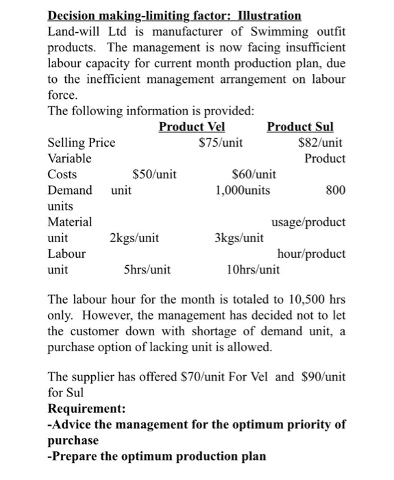 Solved Decision making-limiting factor: Illustration | Chegg.com