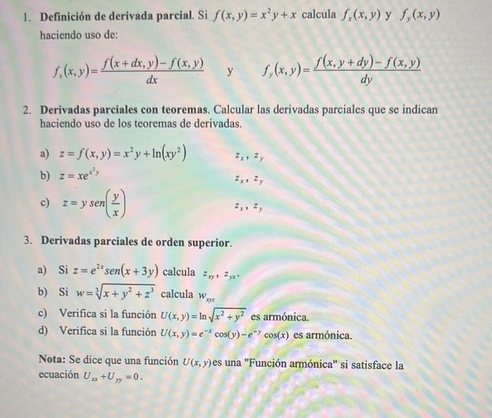 Solved 1 Definición De Derivada Parcial Si F X Y X2y X