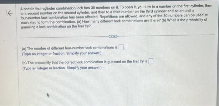 Solved A certain four-cylinder combination lock has 30 | Chegg.com