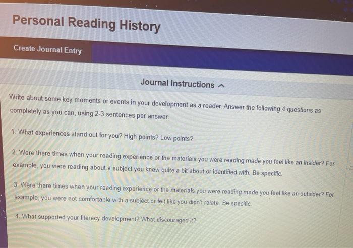 Solved Personal Reading History Create Journal Entry Journal | Chegg.com