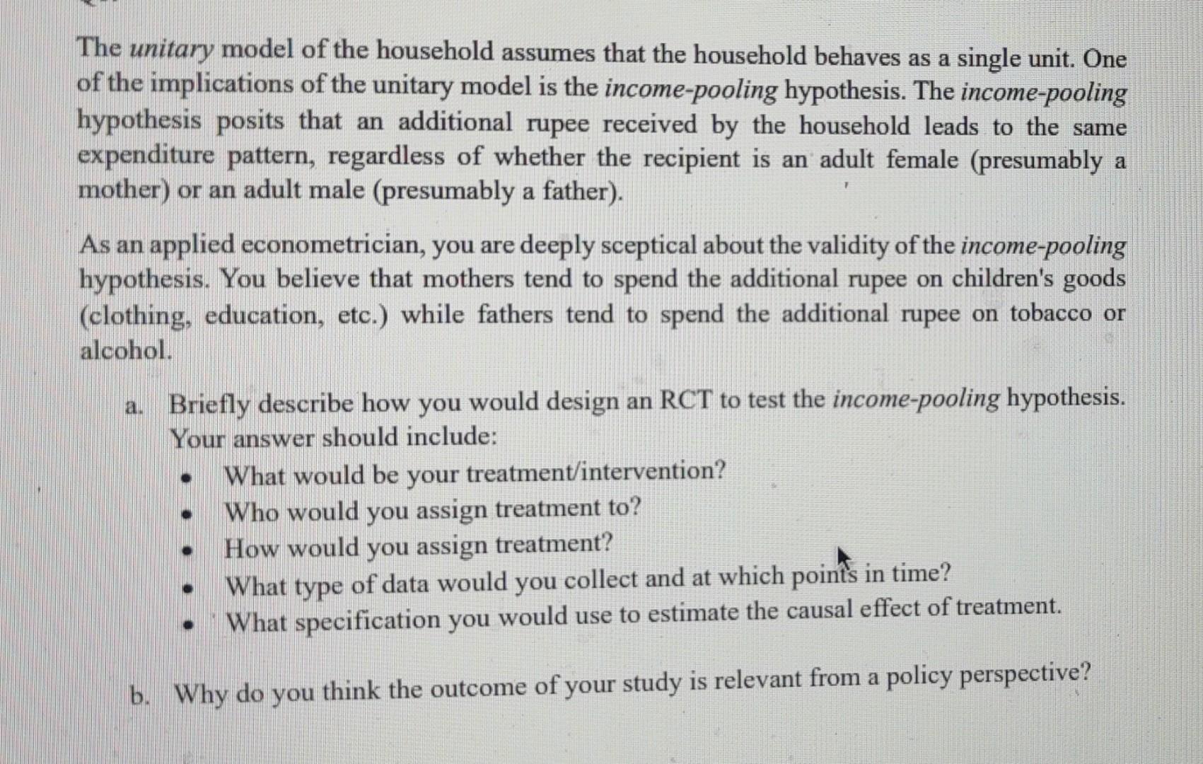 Solved The unitary model of the household assumes that the | Chegg.com