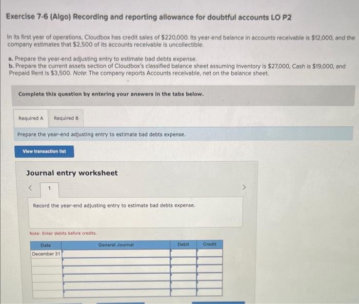 Solved Exercise 7.6 (Algo) Recording and reporting allowance | Chegg.com