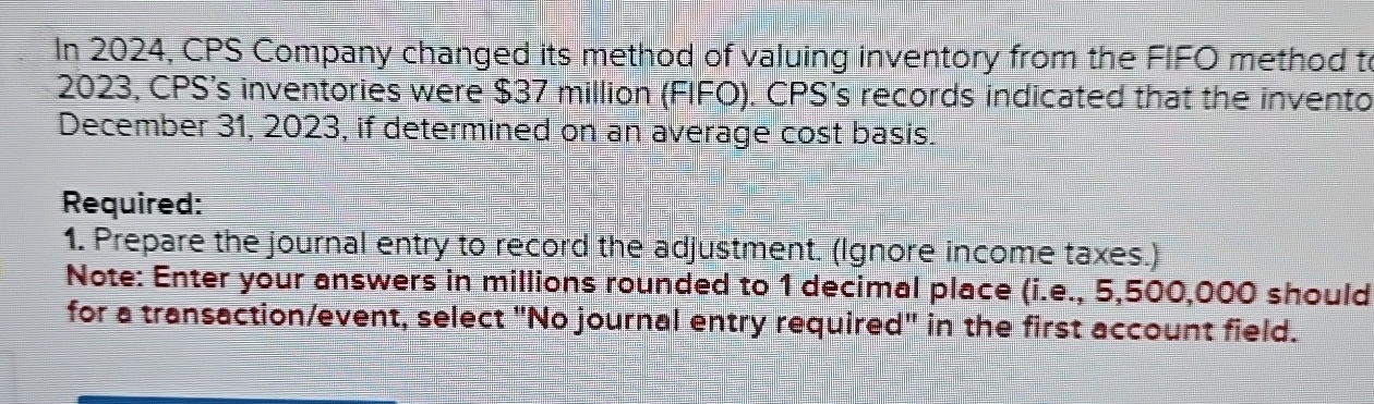 Solved In 2024, ﻿CPS Company changed its method of valuing | Chegg.com