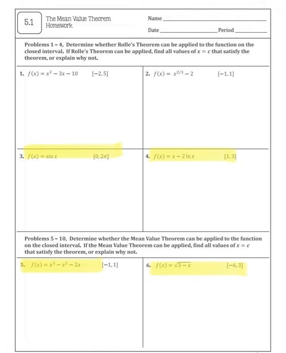Solved Name 5.1 The Mean Value Theorem Homework Date Period | Chegg.com