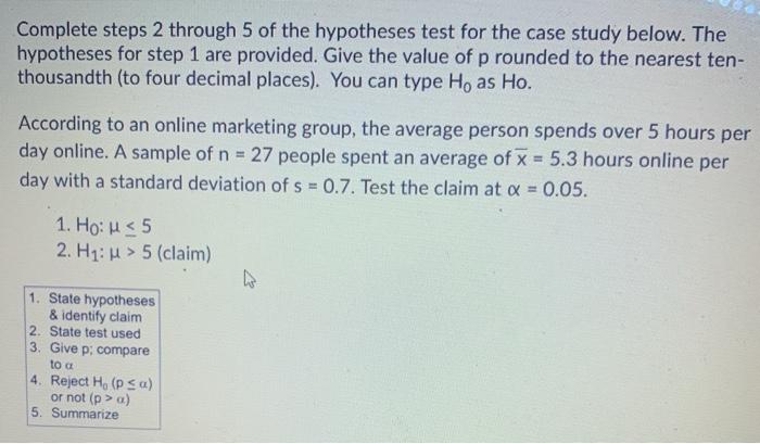 Solved Complete steps 2 through 5 of the hypotheses test for | Chegg.com
