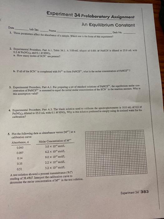 Solved Experiment 34 Prelaboratory Assignment An Equilibrium | Chegg.com