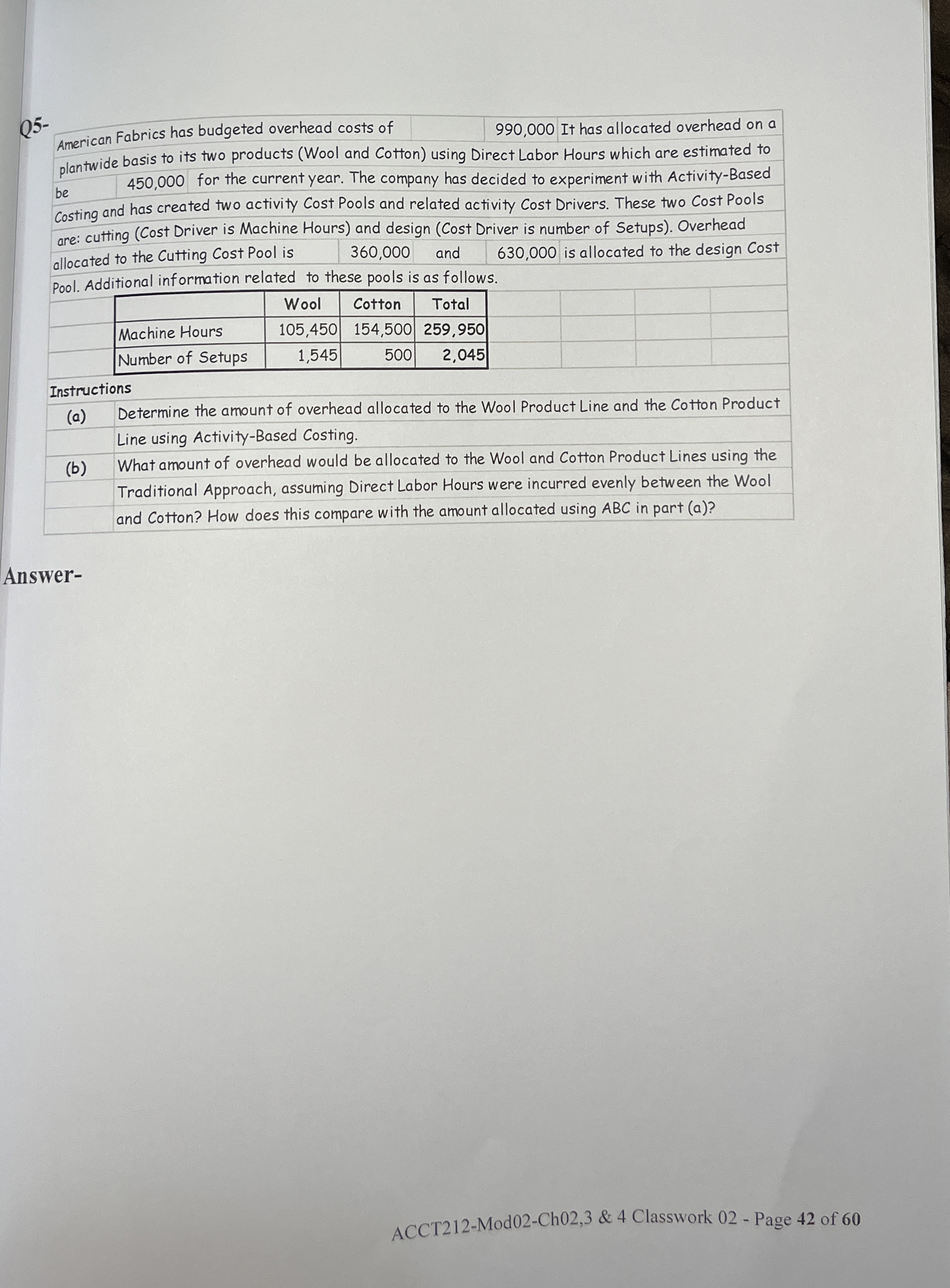 Solved Q5American Fabrics has budgeted overhead costs of | Chegg.com