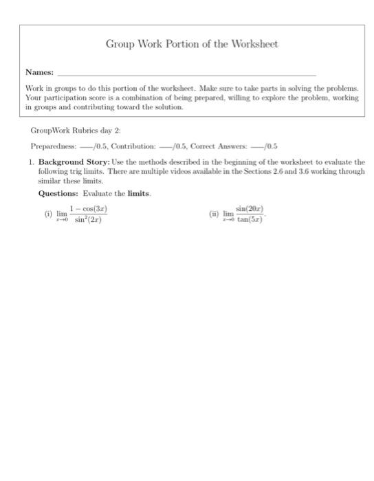 Solved Group Work Portion of the Worksheet Names: Work in | Chegg.com
